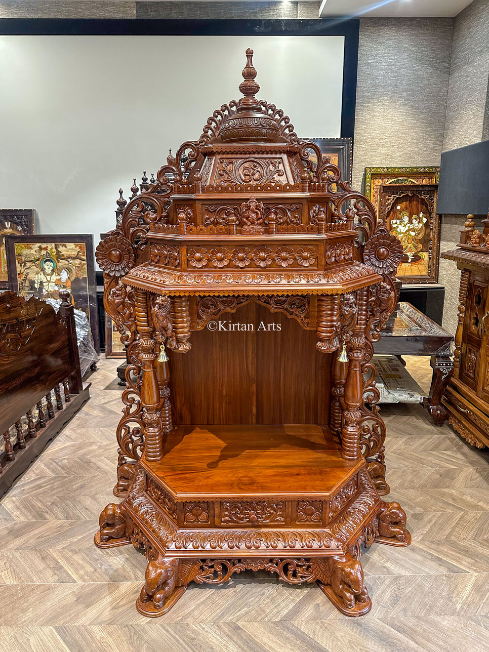 Teakwood Carved Mandir | Elephant Legs | 62" – Kirtan Arts